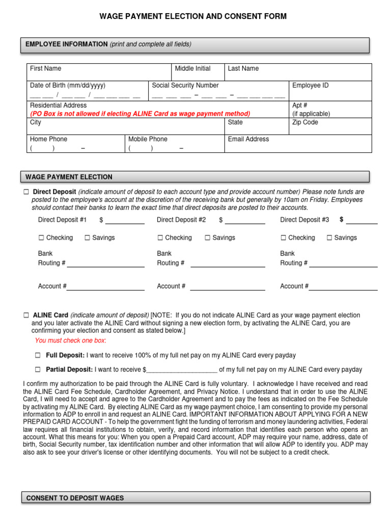 Adp Wage Payment Election and Consent Form | PDF | Credit Card ...