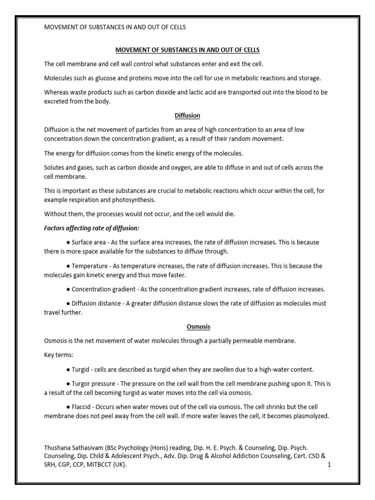 Cell Substance Movement Explained | PDF | Diffusion | Osmosis