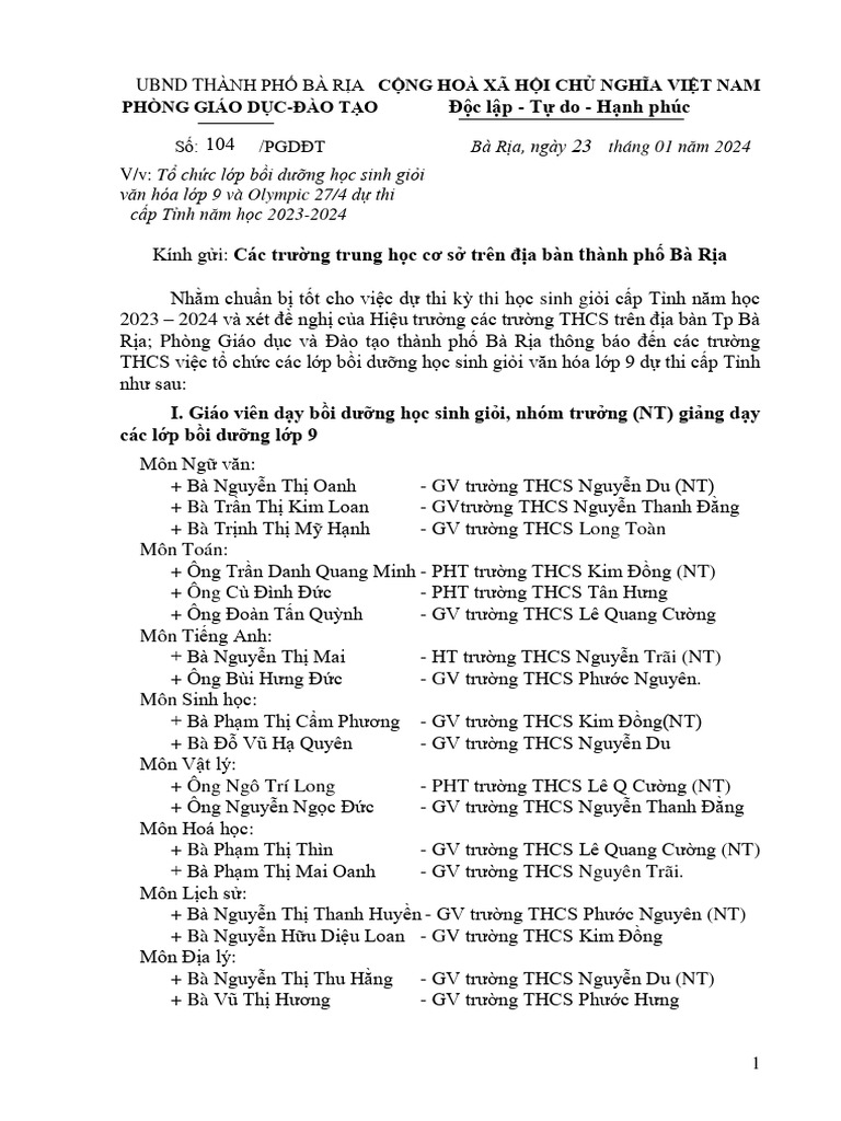 Cong Van Boi Duong HSG Cap Tinh 2023-2024 | PDF