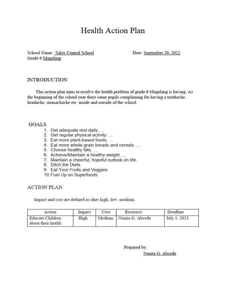Health Action Plan | PDF | Self-Improvement