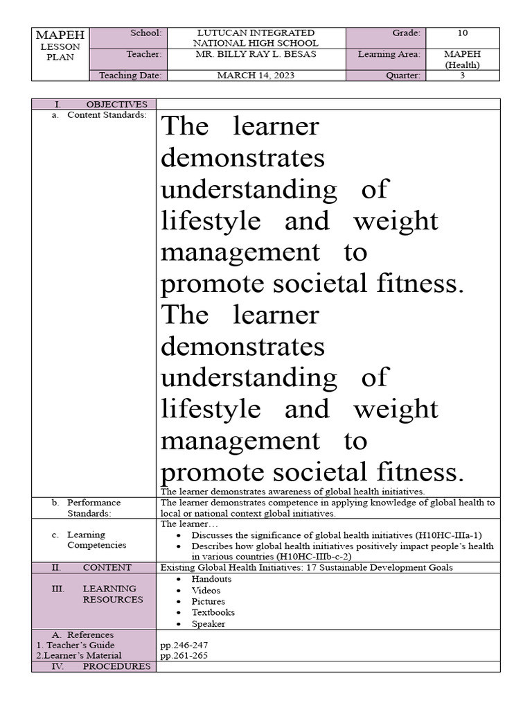 Lesson Plan Health Q3 - SDG | PDF | Millennium Development Goals ...