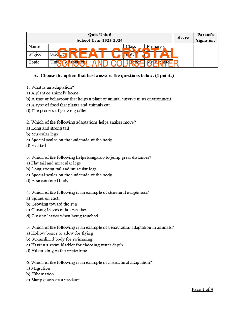 P6 Quiz 5 | PDF | Predation | Adaptation