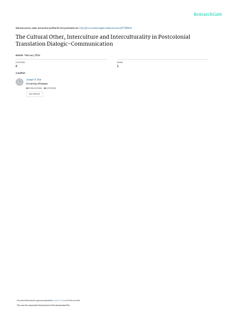The Cultural Other, Interculture and Interculturality in Postcolonial Translation Dialogic ...