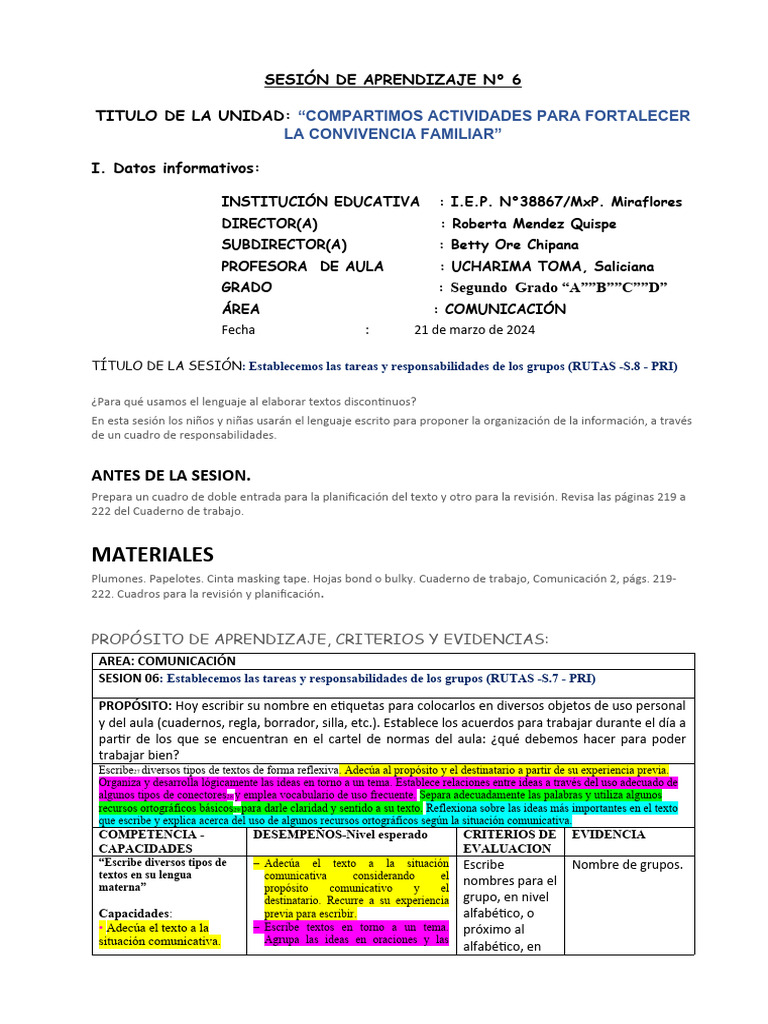 2D-SUT - U1 S - 6 COM 2D-SUT-U1-S - 6 ESCRIBE - Establecemos Las Tareas y Responsabilidades de ...