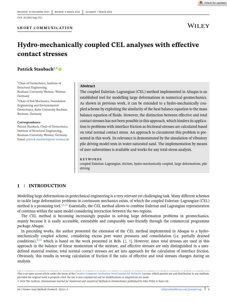 Num Anal Meth Geomechanics - 2024 - Staubach - Hydro Mechanically Coupled CEL Analyses With ...