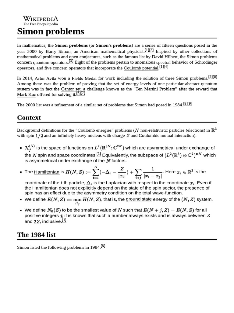 Simon Problems | PDF | Hamiltonian (Quantum Mechanics) | Theoretical Physics