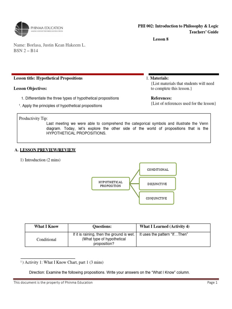 Borlasa - Justin Kean Hakeem L. - Lesson 8 | PDF | Proposition | Truth
