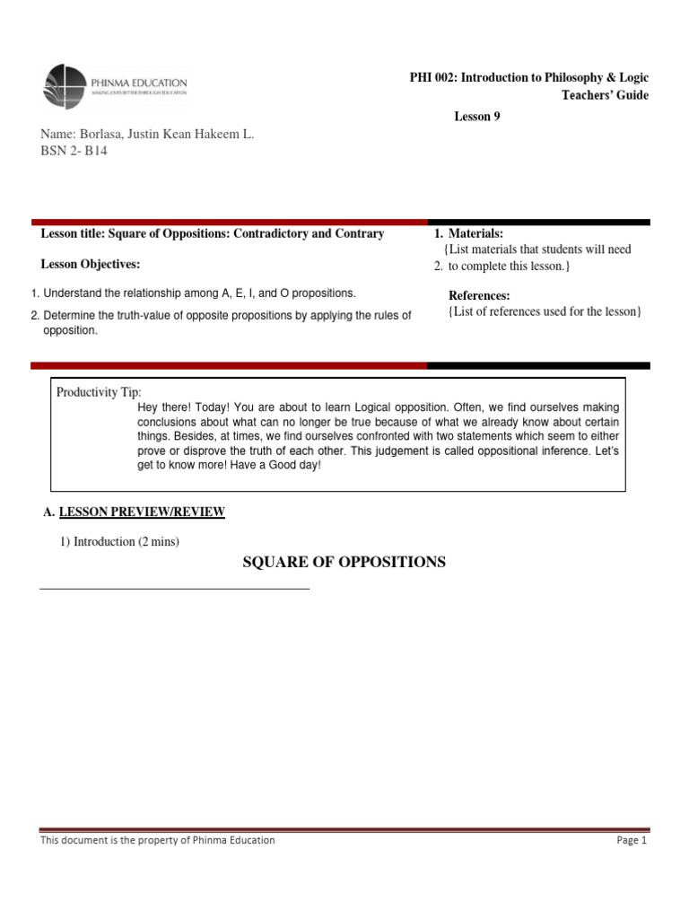 Square of Oppositions Guide | PDF | Proposition | Contradiction