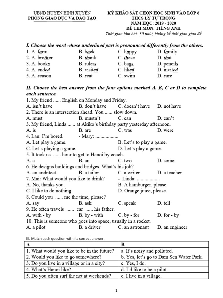 Đề thi vào lớp 6 LTT 2019-2020a | PDF