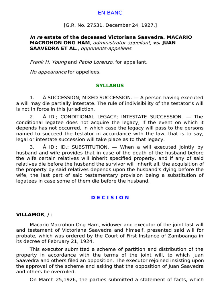 Ong Ham v. Saavedra | PDF | Will And Testament | Intestacy