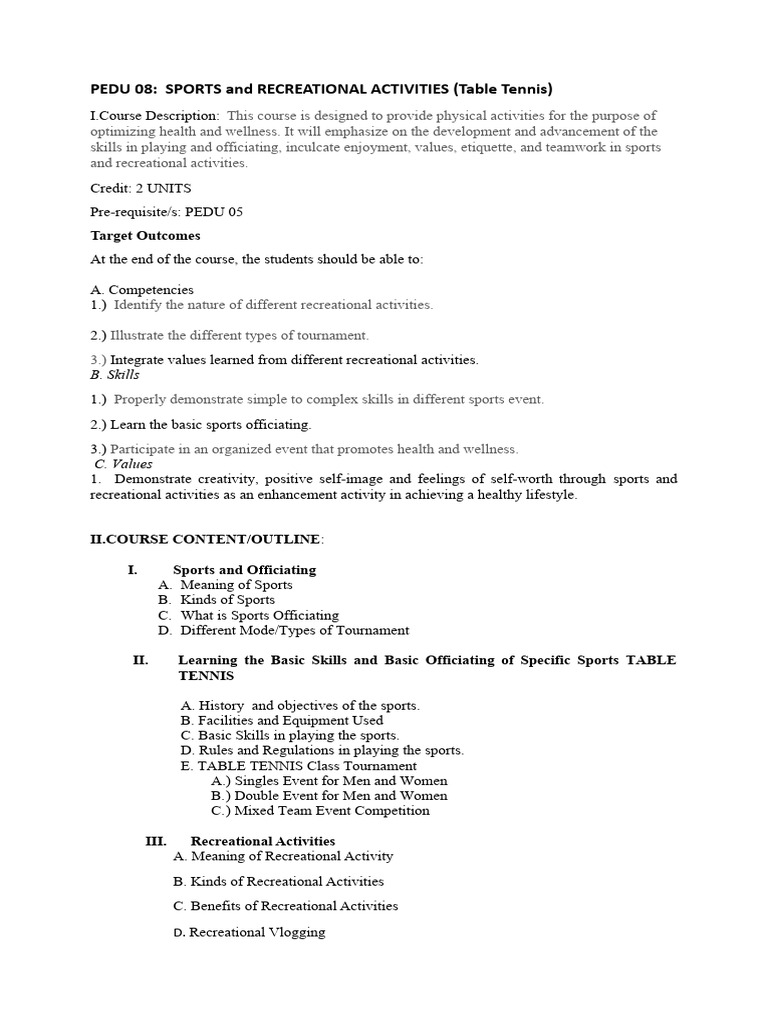 Handouts PEDU 08table Tennis1 2 | PDF | Table Tennis | Sports