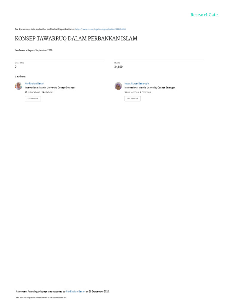 Konsep Tawarruq Dalam Perbankan Islam: September 2020 | PDF