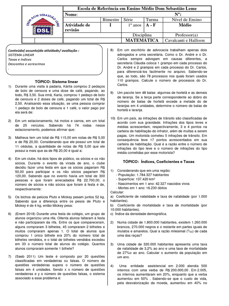 Atividades Matemática - Sistema Linear | PDF