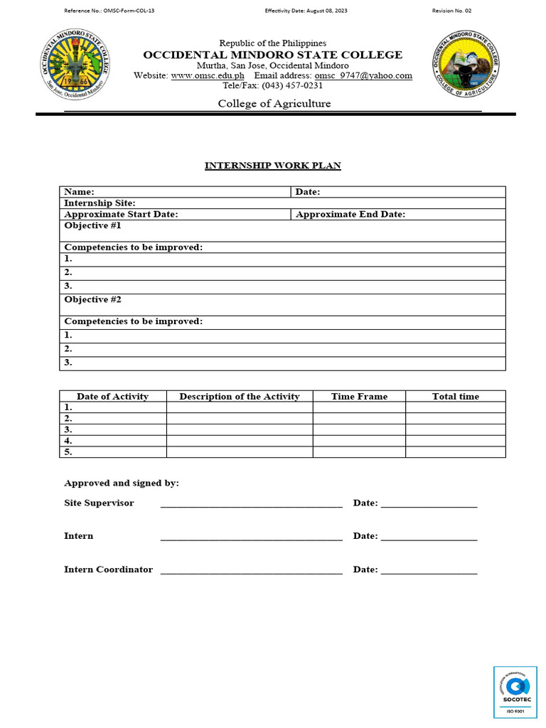 OMSC-Form-COL-19 Internship Work Plan - Rev.02 | PDF