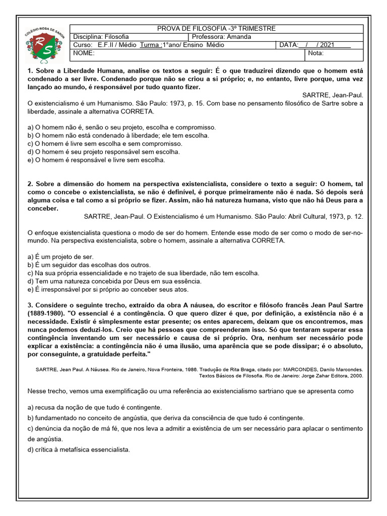 PROVA - 1º Ano - FILOSOFIA - 3ºTRIMESTRE 2021 | PDF | Existencialismo | Jean Paul Sartre