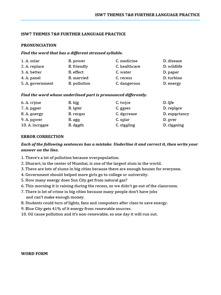SW7 - Themes7 - 8-Further Practice | PDF | Verb | Adjective