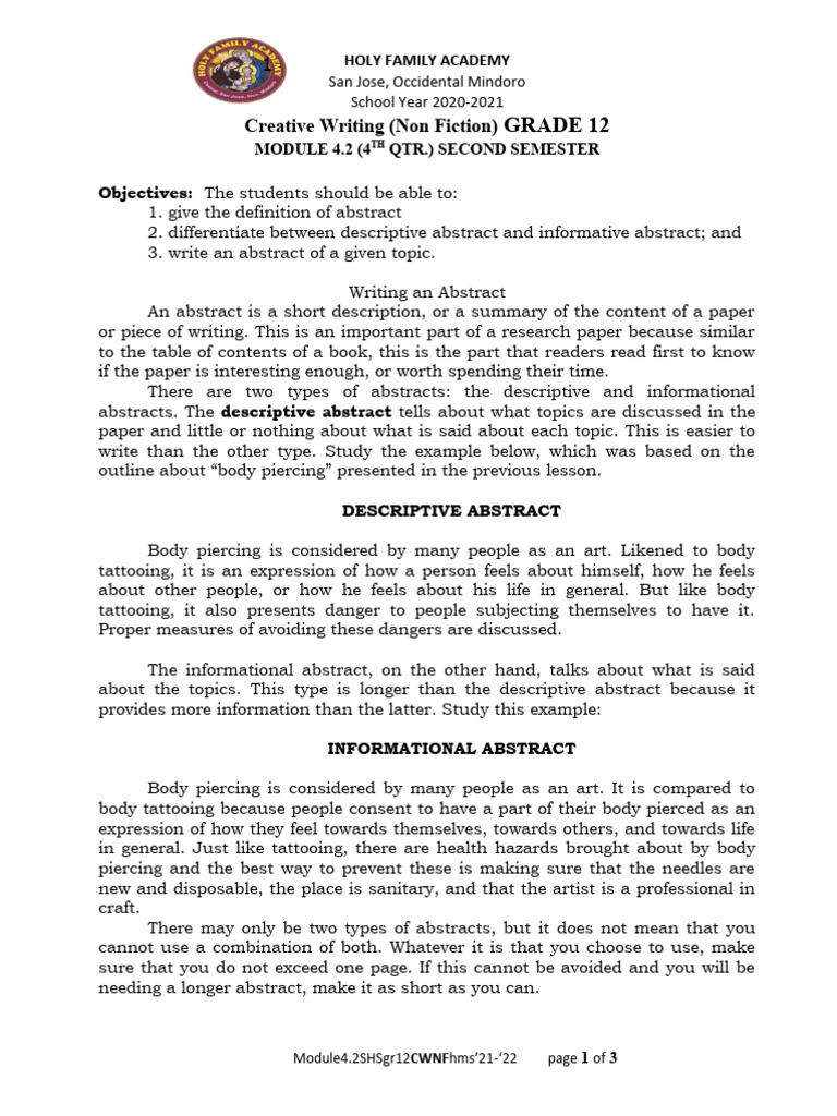 Abstract Writing for Grade 12 | PDF | Abstract (Summary)