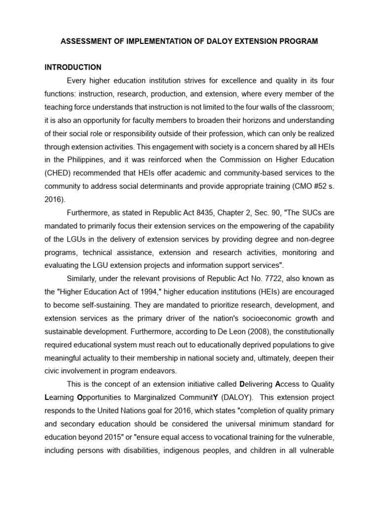 Assessment of Implementation of Daloy Extension Program | PDF | Literacy | Motivation