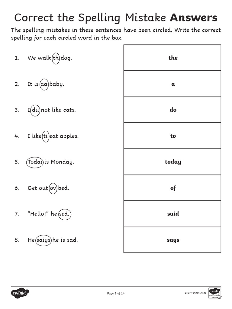 Year 1 Correct The Spelling Mistakes - Answers | PDF | Language Arts ...