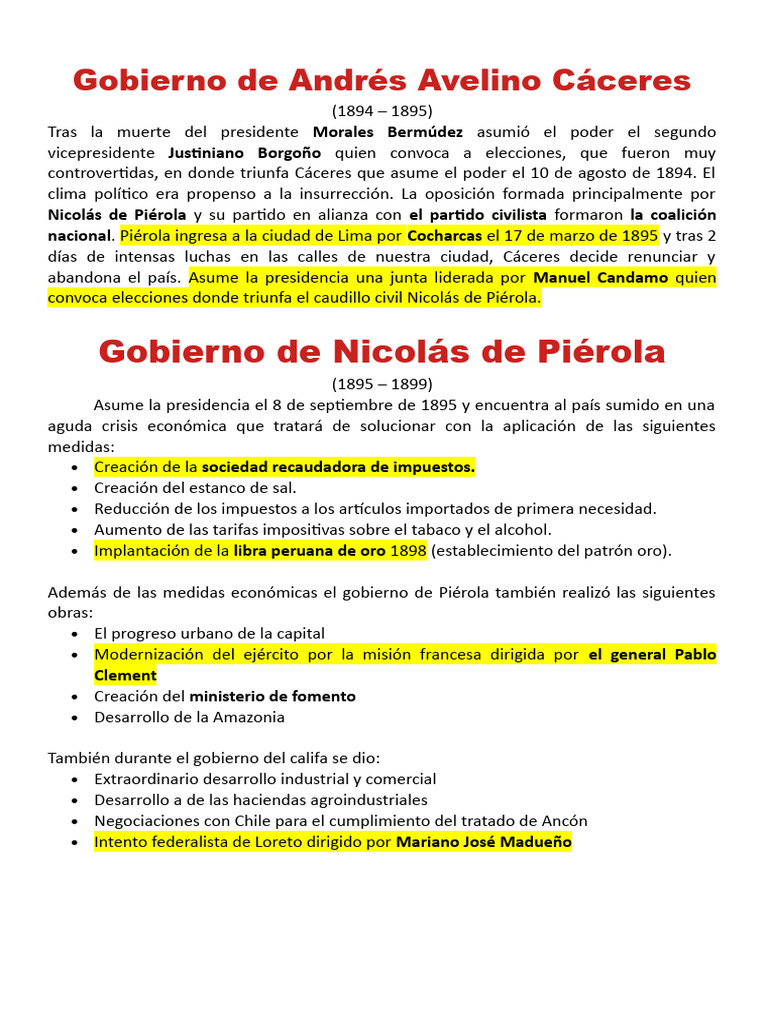 Gobiernos de Cáceres y Piérola (1894-1899) | PDF