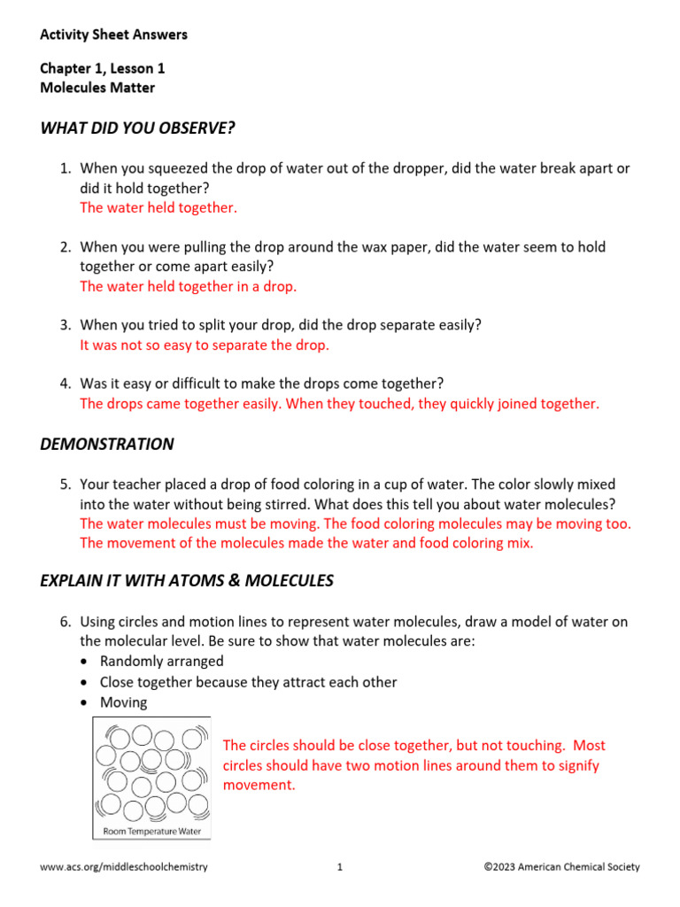 ch1 l1 Activity Sheet Answers | PDF | Molecules | Water