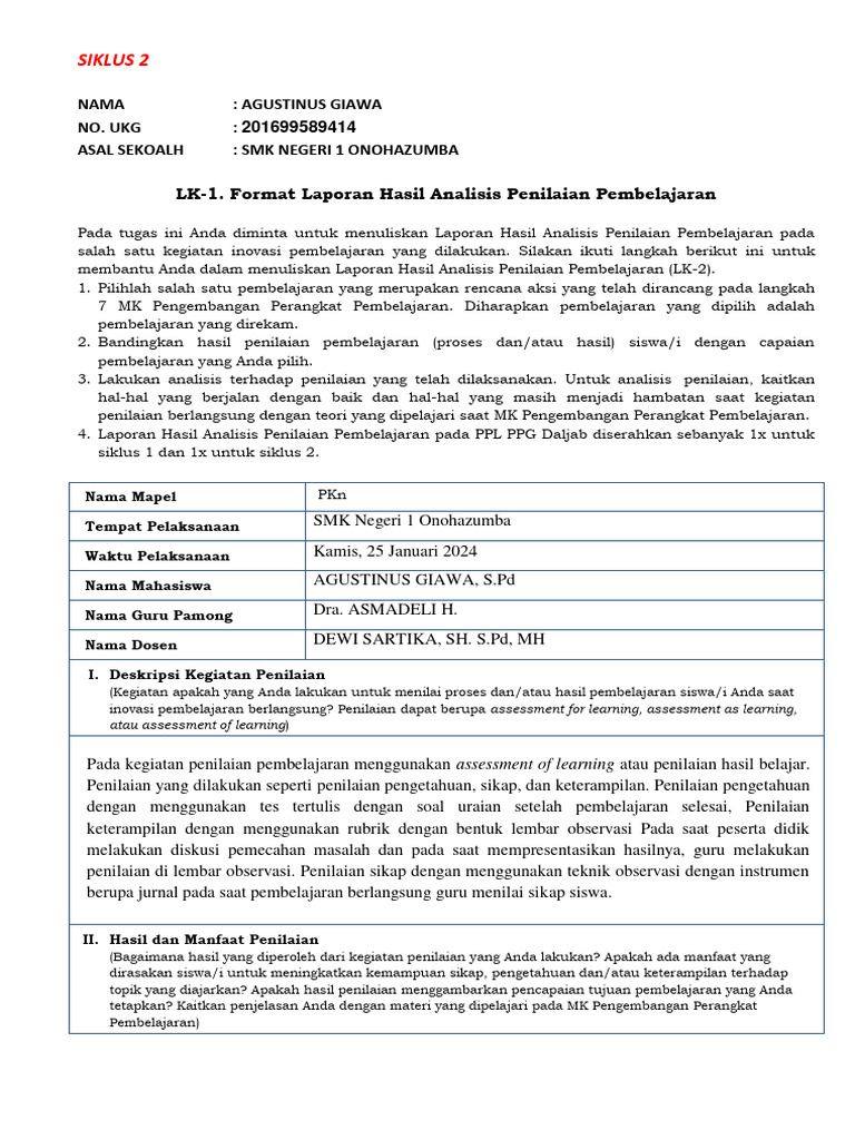 REVISI SIKLUS 2 LK-1 Laporan Hasil Asasmen | PDF