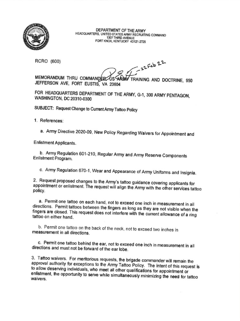 (HQDA) TAB E - USAREC Request Memo - Change Tattoo Policy | PDF