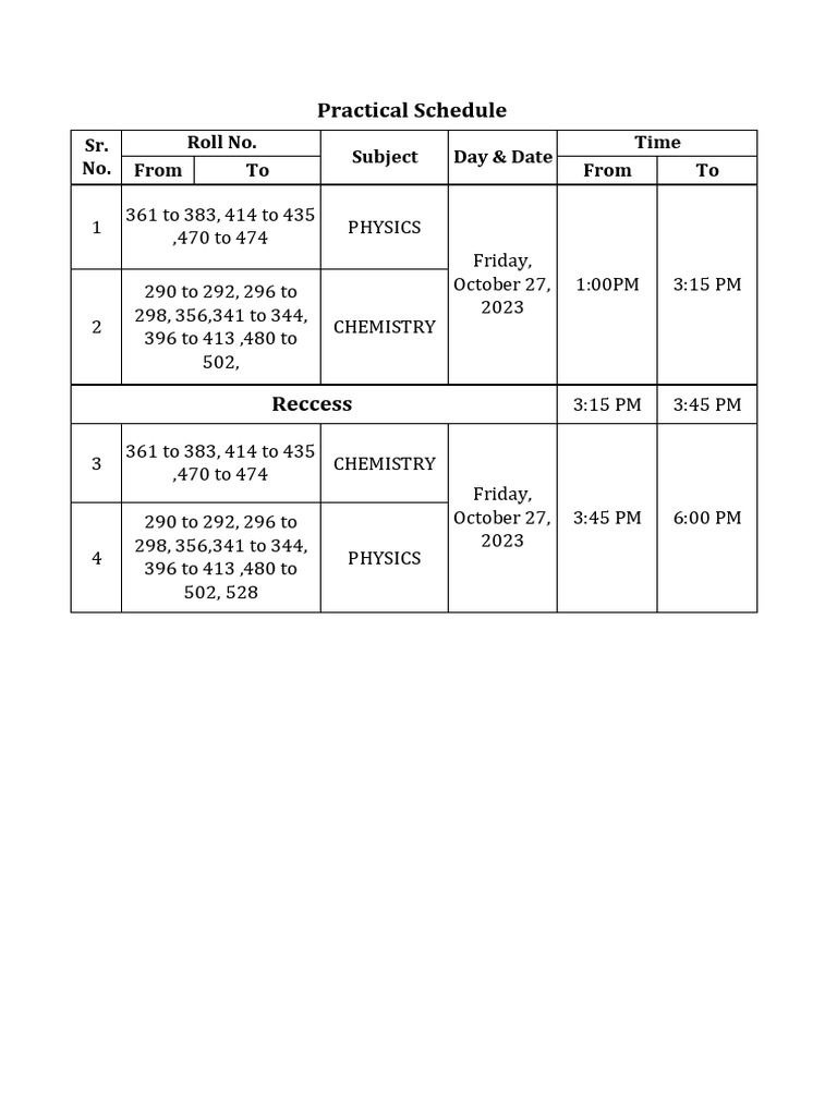 SYJC 2023-24 Practical Schedule 27.10.2023 | PDF
