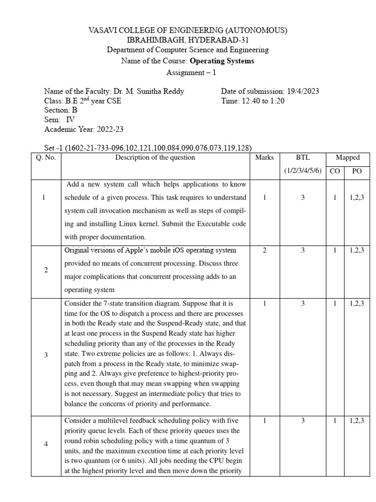 OS Assignment-1 - 22-23 | Download Free PDF | Scheduling (Computing) | Process (Computing)
