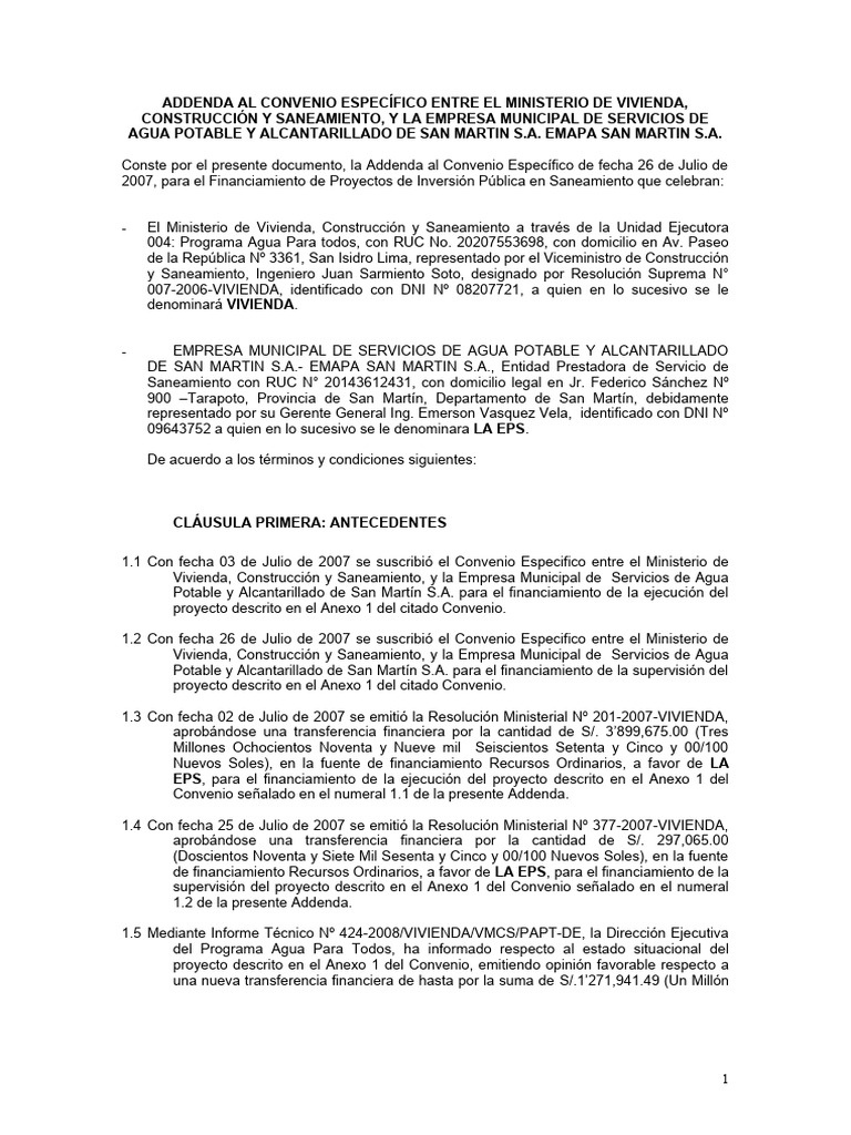 Addenda Al Convenio EMAPA SAN MARTIN | Descargar gratis PDF | Agua y política | Suministro de agua