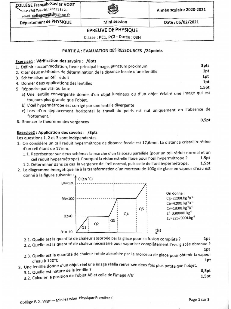 College VOGT Epreuve de Physique Premiere C Annee 2021 | PDF