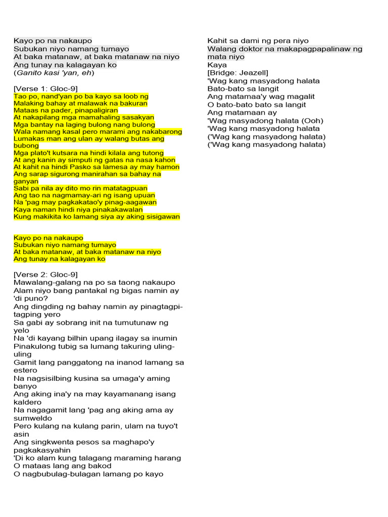 DEMO Pangkatan - Memes - Lyrics Upuan - Simbolo NG Pabalat Sa Noli | PDF