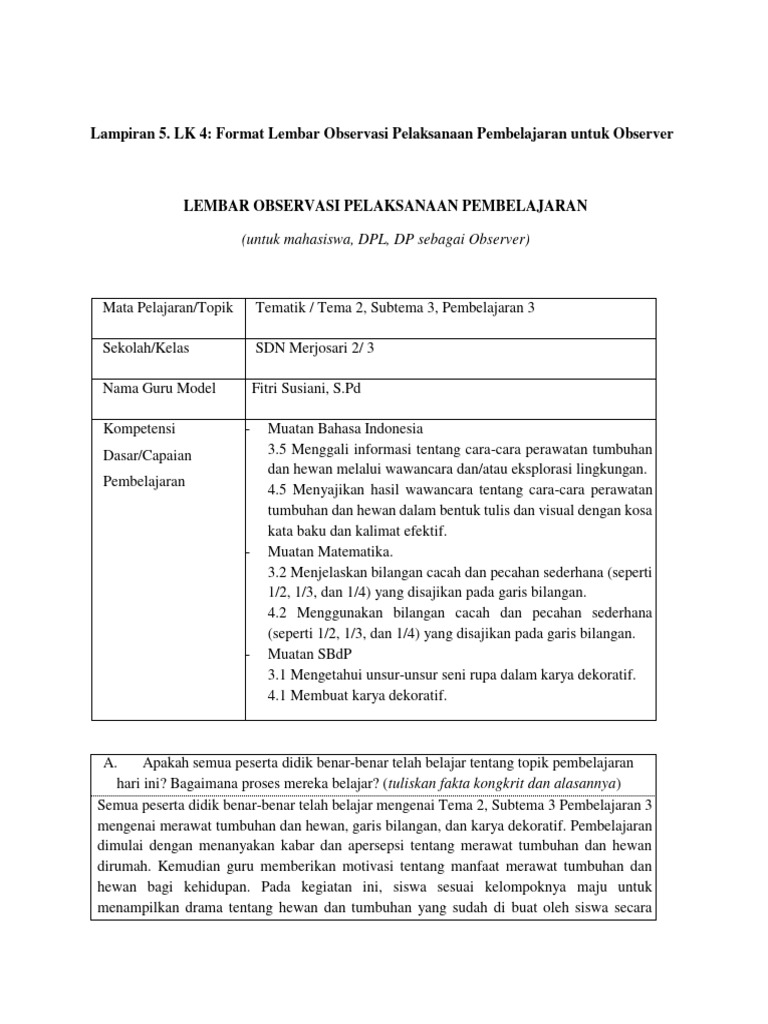 Lembar Observasi Pembelajaran Kelas 3 | PDF | Seni & Disiplin Bahasa ...