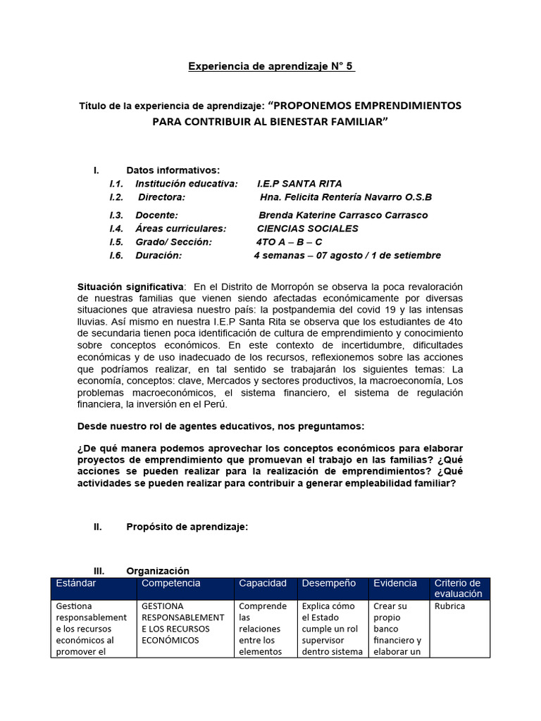 Experiencia de Aprendizaje N 5 4to | PDF | Sistema financiero | Macroeconómica