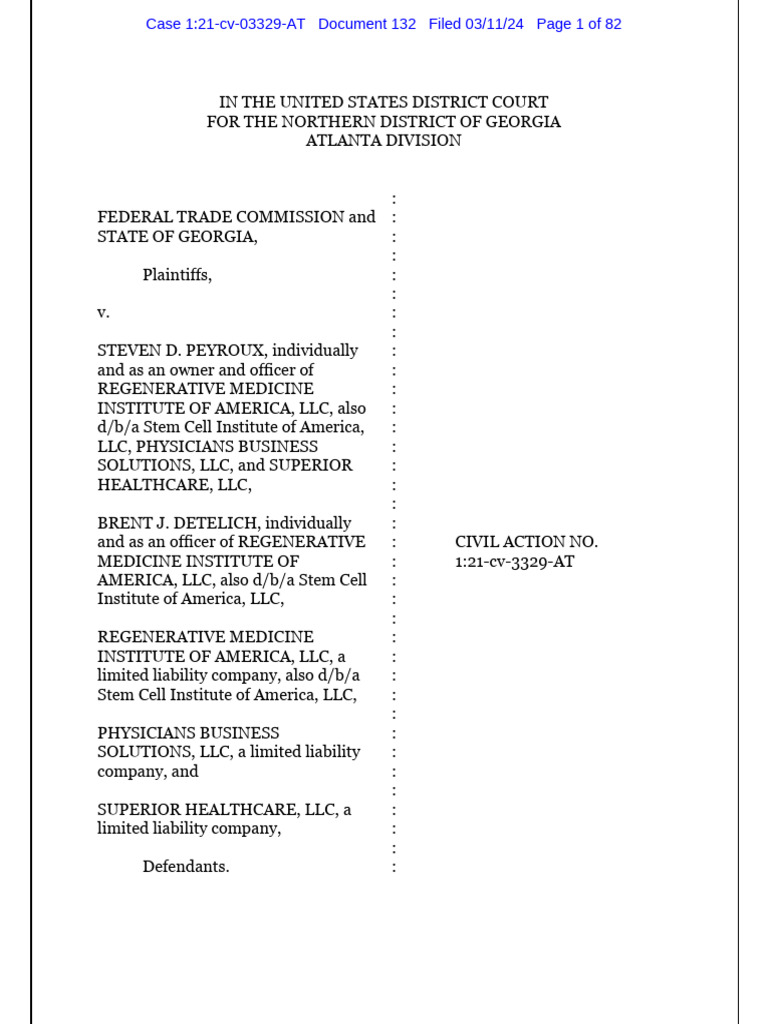 Stem Cell Institute of America Loses FTC Case, Order-Granting-Summary ...