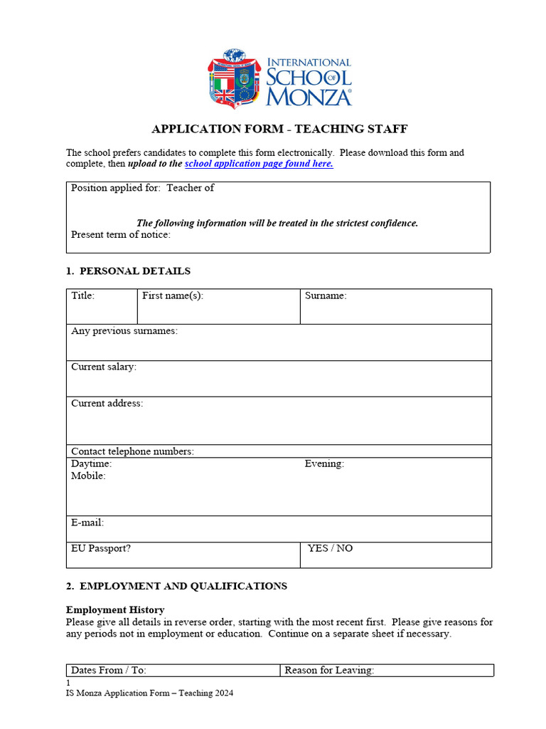 Teaching Application Form IS Monza | PDF | Career & Growth | Business