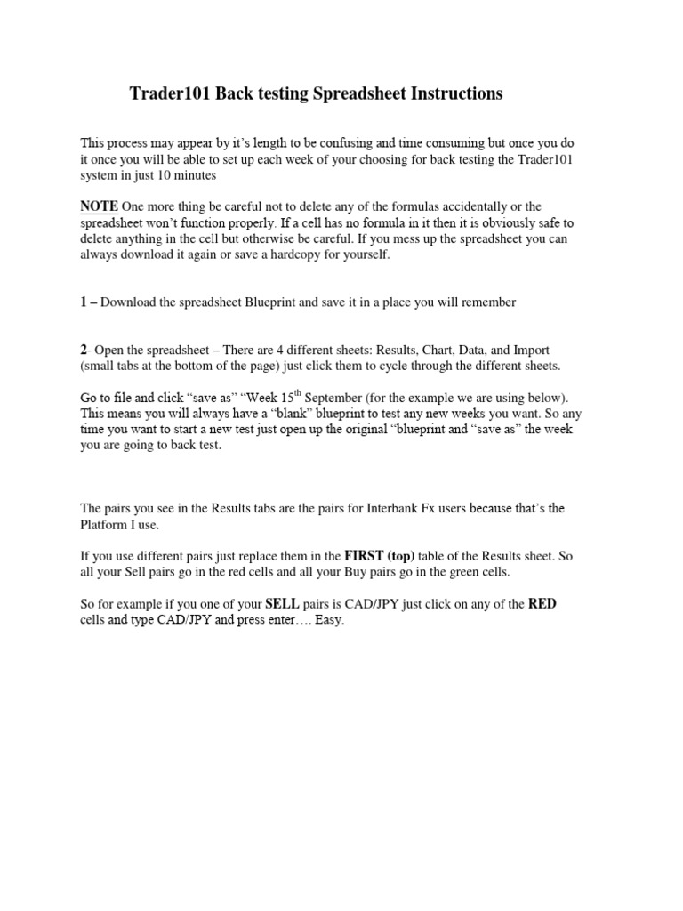 Trader101 Back Testing Spreadsheet Instructions | PDF | Spreadsheet ...