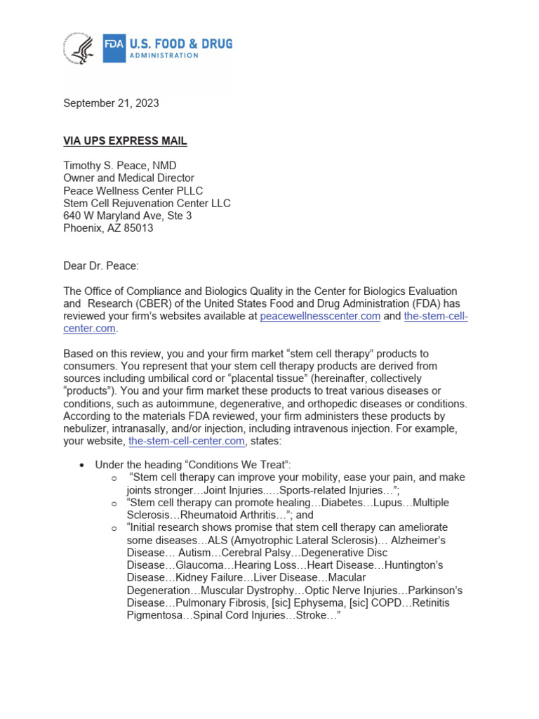 Stem Cell Rejuvenation Center Food and Drug Administration (FDA) Letter ... Stem Cell Rejuvenation Center Food and Drug Administration (FDA) Letter ...