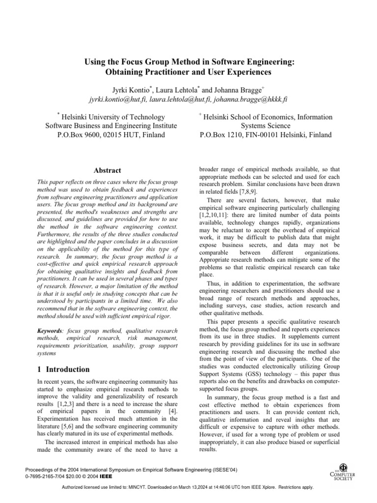 Focus Group Method in Software Engineering | PDF | Focus Group | Usability