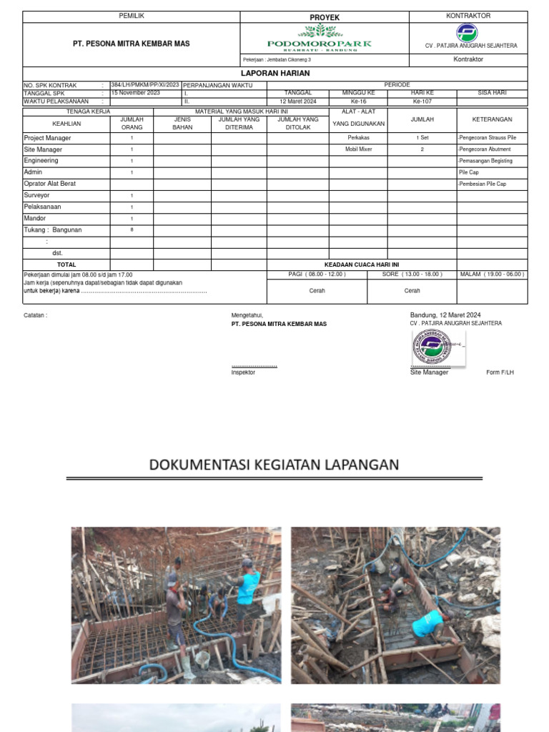 Format Laporan Harian Pekerjaan Jembatan | PDF