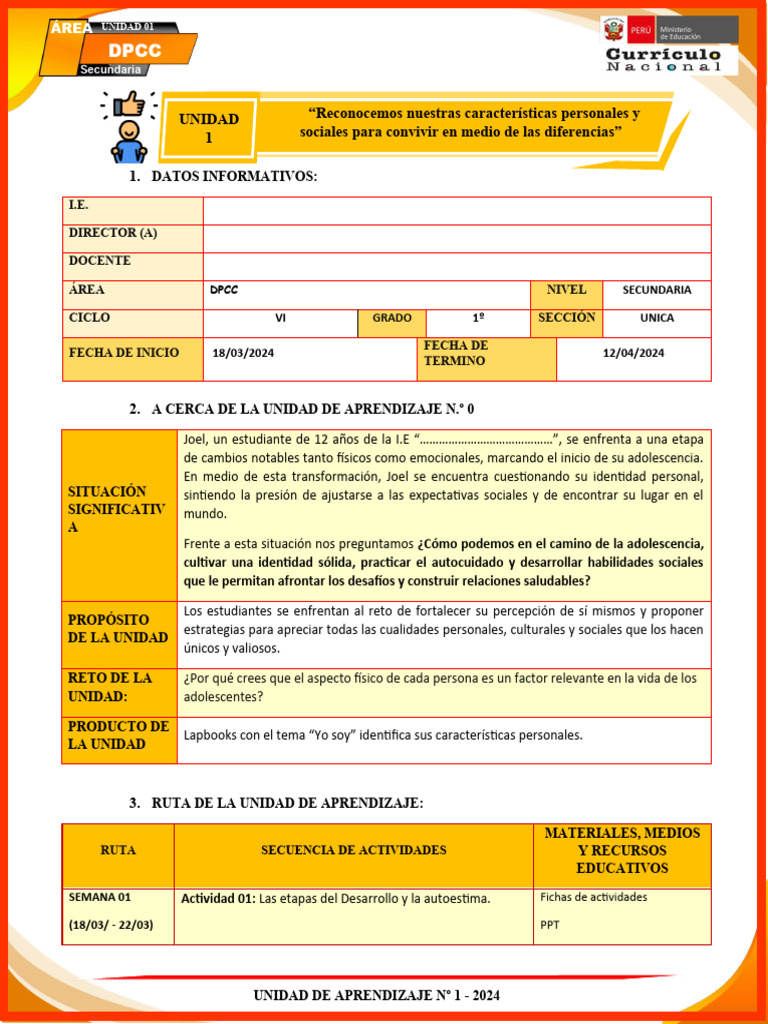 1º Unidad 1 DPCC - 2024 | PDF | Aprendizaje | Autoestima