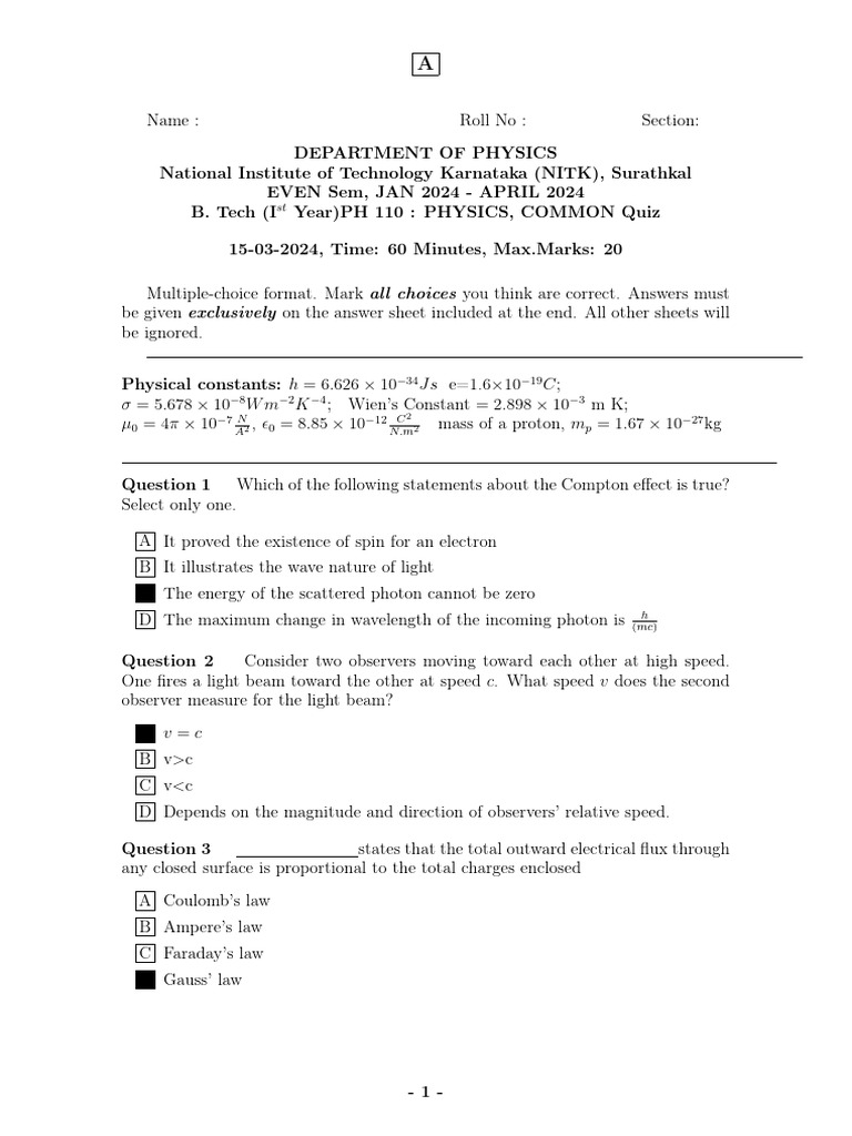 Answer Key Ph110 Common Quiz | PDF | Photoelectric Effect | Electron
