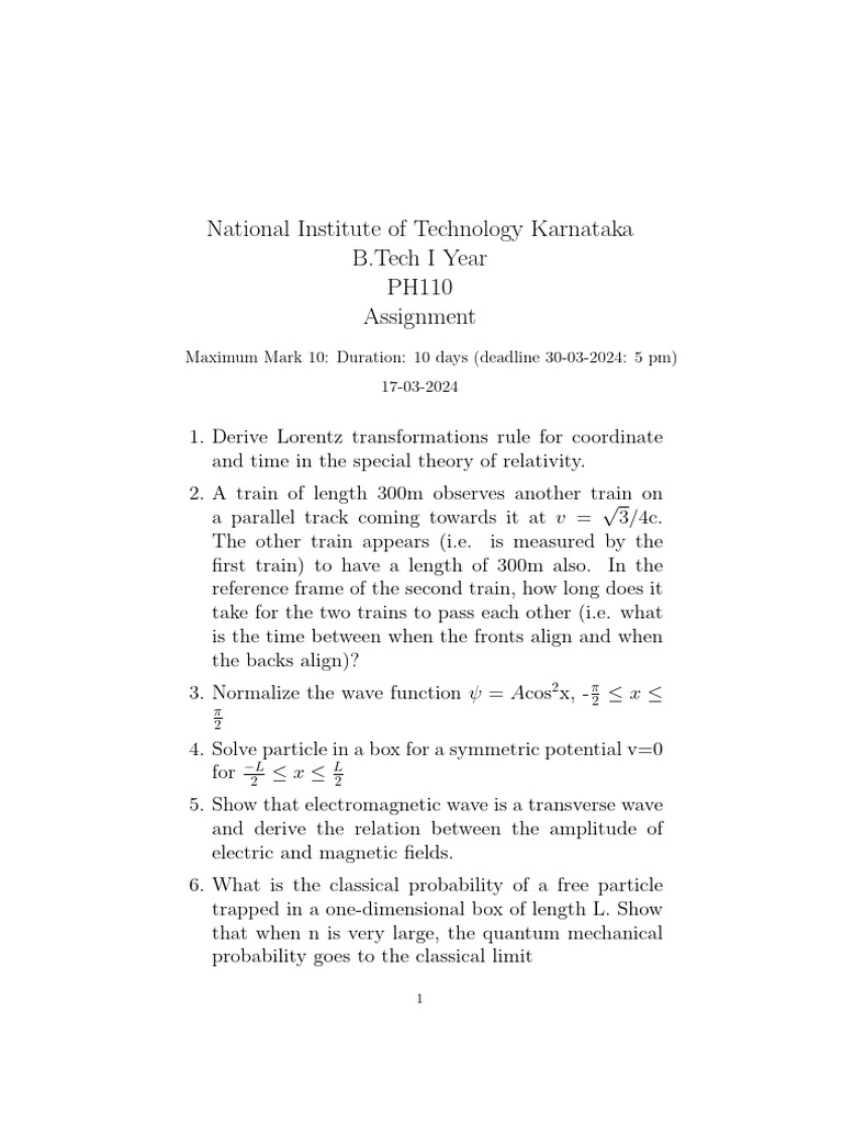 PH110 B.Tech Assignment on Relativity & QM | PDF