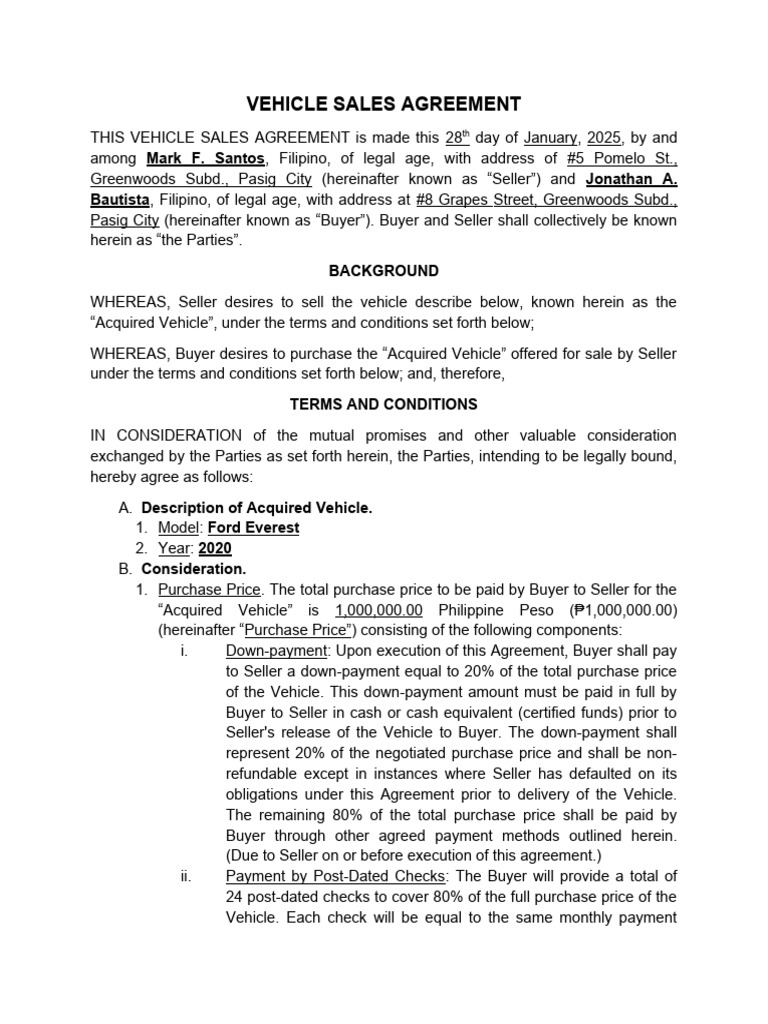 Business Law (Obligations and Contracts) VEHICLE SALES AGREEMENT | PDF | Payments | Procurement