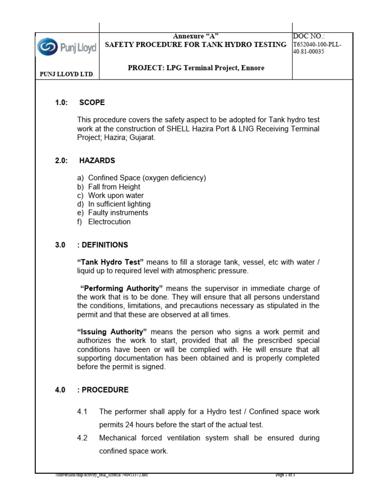 Tank Hydro Testing | PDF | Safety