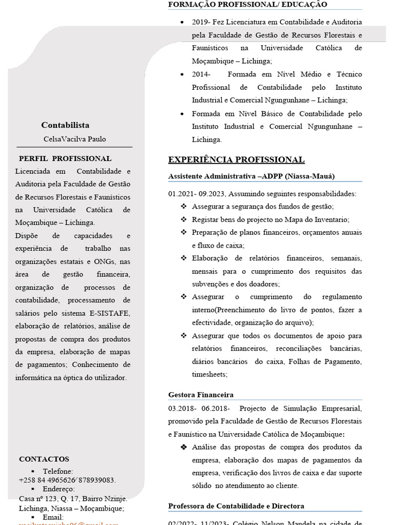 CURRICULUM VITAE-Celsa | Download grátis PDF | Contabilidade | Moçambique