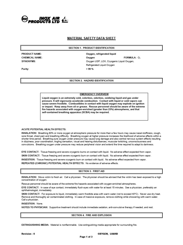 Oxygen Liquid MSDS | PDF | Oxygen | Fires