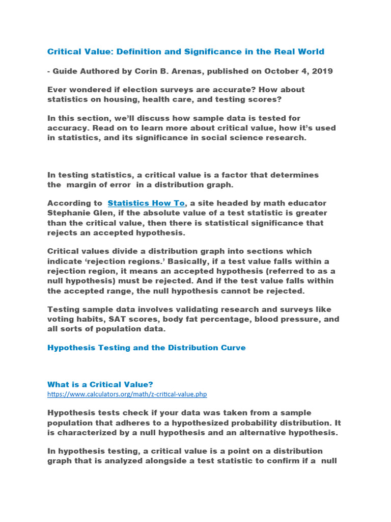 Critical Value | PDF | Standard Deviation | Statistics