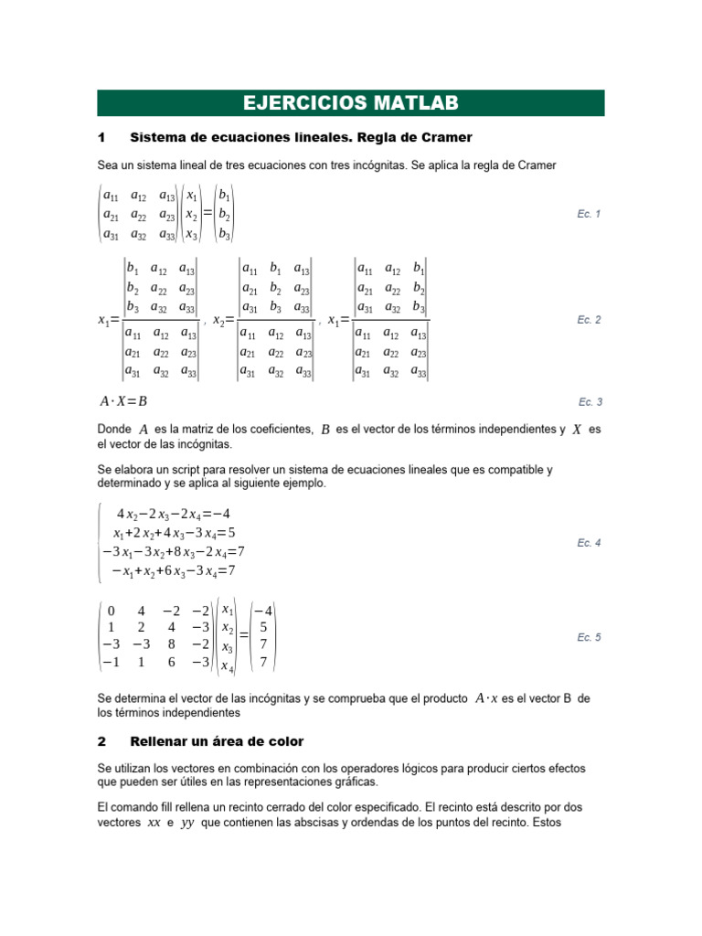 Ejercicios Matlab | PDF | Sistema de ecuaciones lineales | Análisis numérico