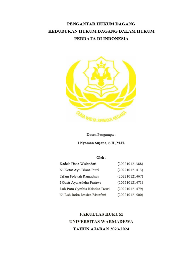 Kedudukan Hukum Dagang Dalam Hukum Perdata Di Indonesia Fix Pdf 